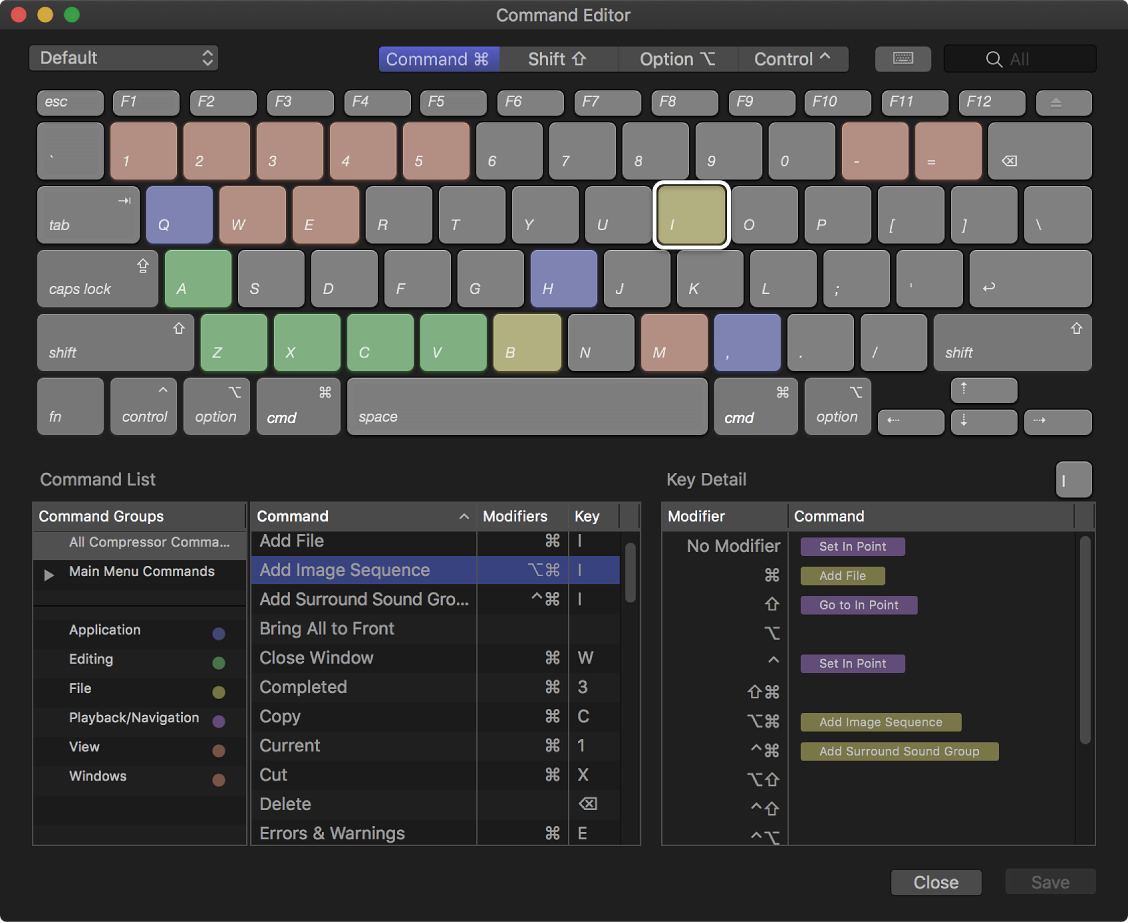 View Keyboard Shortcuts In The Compressor Command Editor Apple 