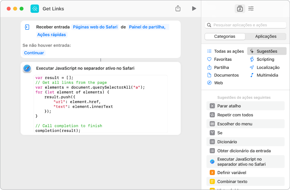 Usar a ação “Executar JavaScript na página web” na aplicação Atalhos no ...