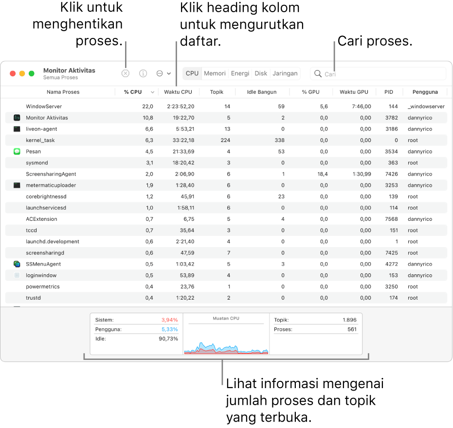 Melihat informasi mengenai proses Mac di Monitor Aktivitas - Apple ...