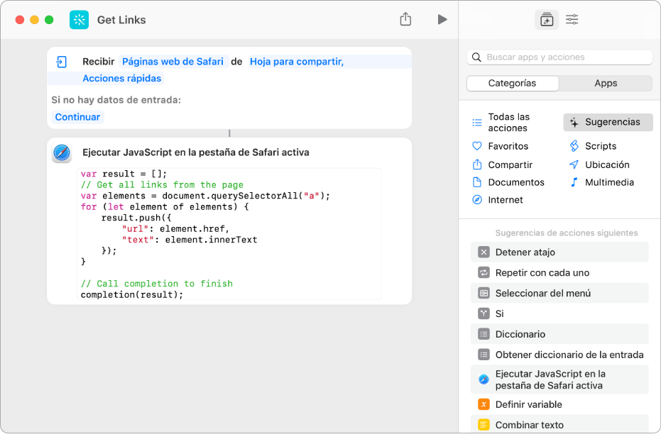 Utilizar la acción “Ejecutar JavaScript en la página web” en Atajos en el Mac - Soporte técnico ...