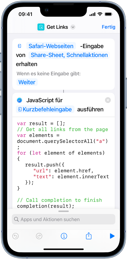 Verwenden der Aktion „JavaScript auf Webseite ausführen“ in der App „Kurzbefehle“ auf iPhone ...