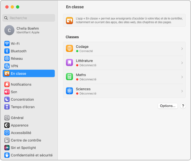 Réglages d’En classe sur le Mac de l’élève - Assistance Apple (FR)