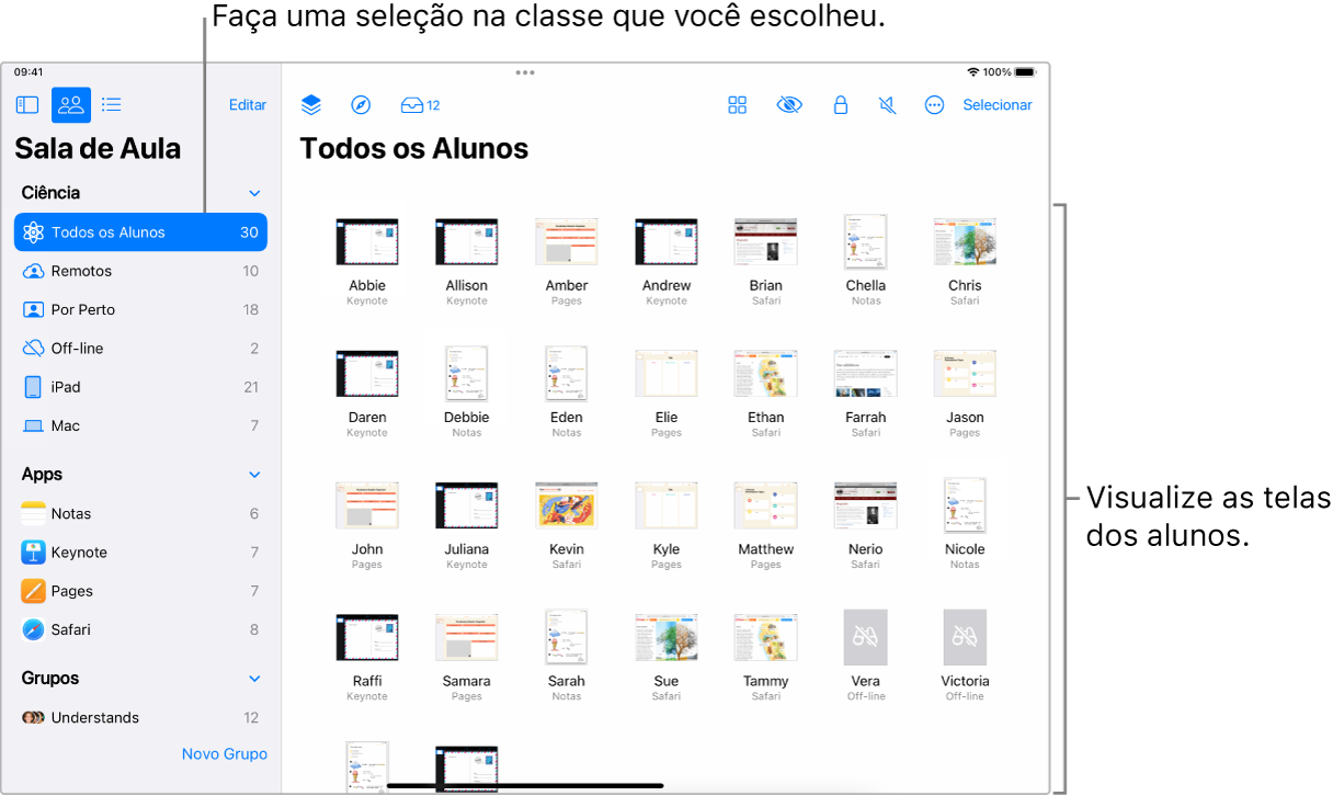 Veja e bloqueie as telas dos alunos no Sala de Aula - Suporte da Apple (BR)