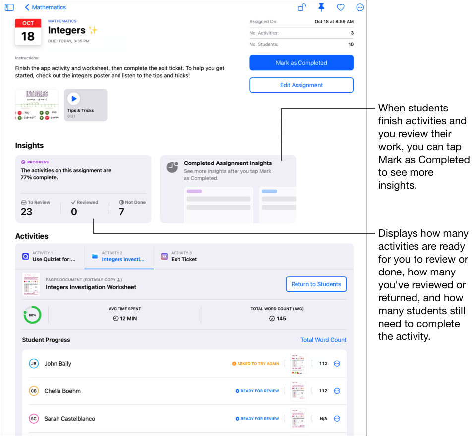 View class, assignment, and student insights in Schoolwork - Apple Support