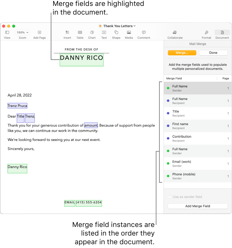 Add, change, or delete a merge field in Pages on Mac - Apple Support