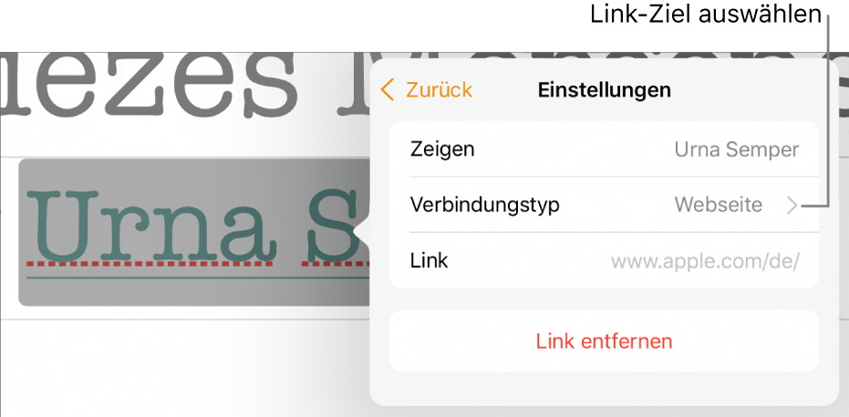 Verlinken zu einer Webseite, E-Mail, Telefonnummer oder Seite in Pages ...