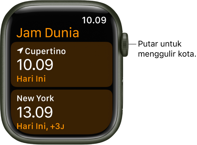 Menggunakan Jam Dunia di Apple Watch untuk memeriksa waktu di lokasi ...