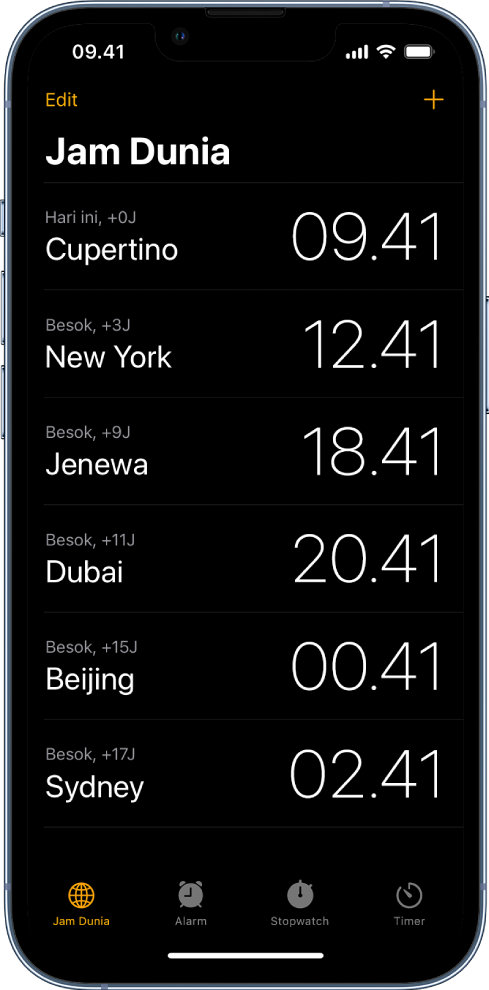 Melihat waktu di kota di seluruh dunia di iPhone - Apple Support (ID)