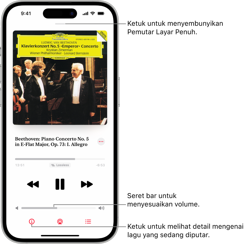 Menggunakan kontrol pemutar musik di Apple Music Classical di iPhone ...