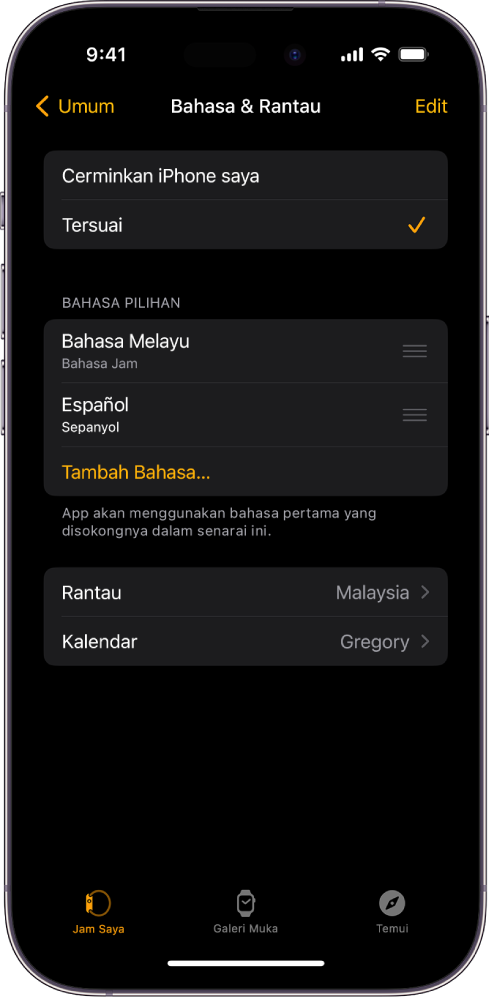Tukar bahasa dan orientasi pada Apple Watch Ultra - Sokongan Apple (MY)