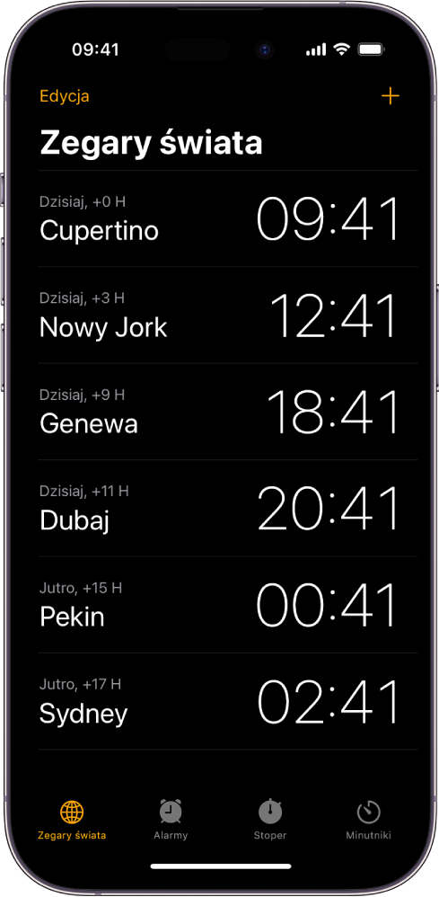 Sprawdzanie w aplikacji Zegar na iPhonie czasu w różnych miejscach świata - Wsparcie Apple (PL)