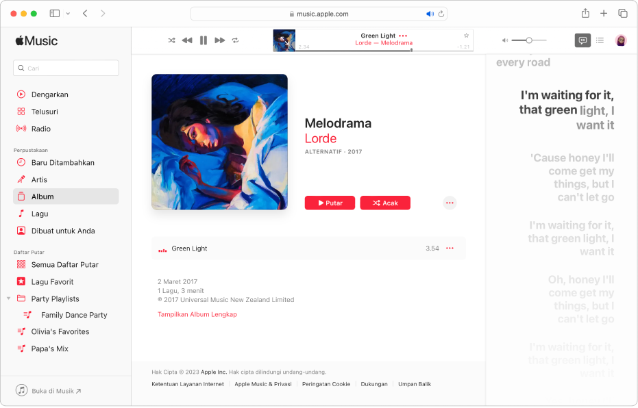 Melihat lirik lagu di Apple Music di web - Apple Support (ID)