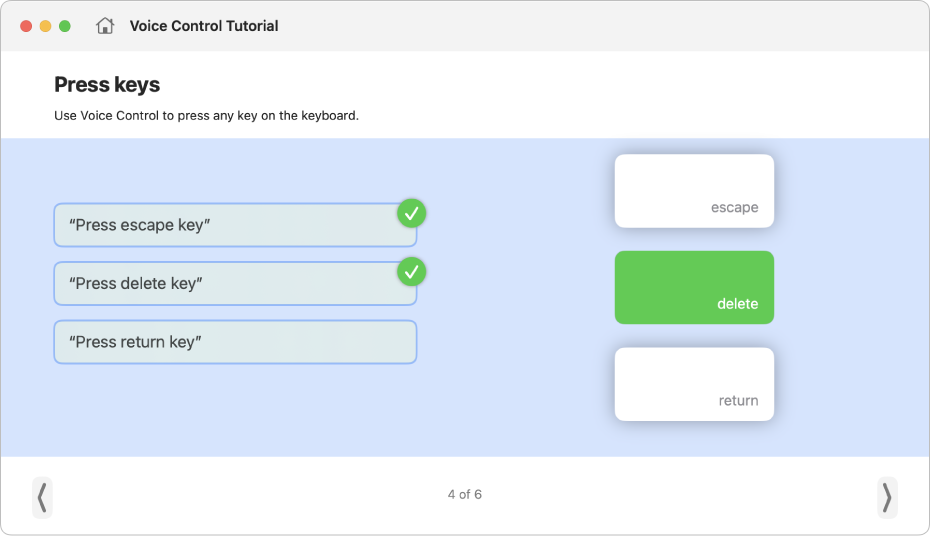El “Tutorial del control por voz” con una lección interactiva sobre cómo usar el control por voz para pulsar teclas del teclado.