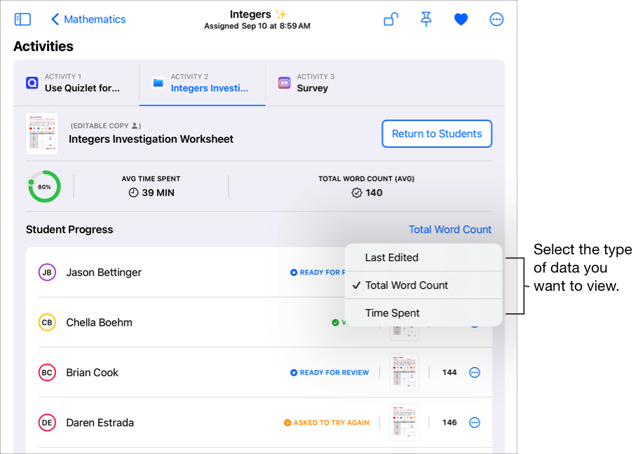Filter progress data in Classwork – Apple Support (AU)