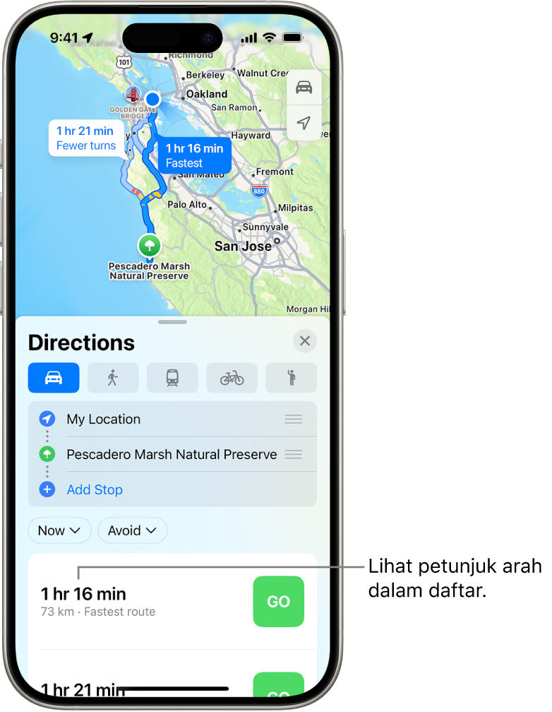 Melihat tinjauan rute atau daftar belokan di Peta di iPhone - Apple ...
