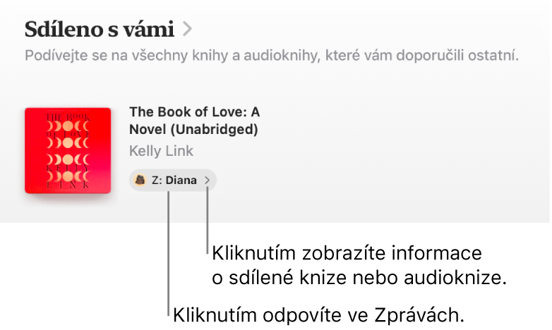 Obrazovka s knihou v části Sdíleno s vámi