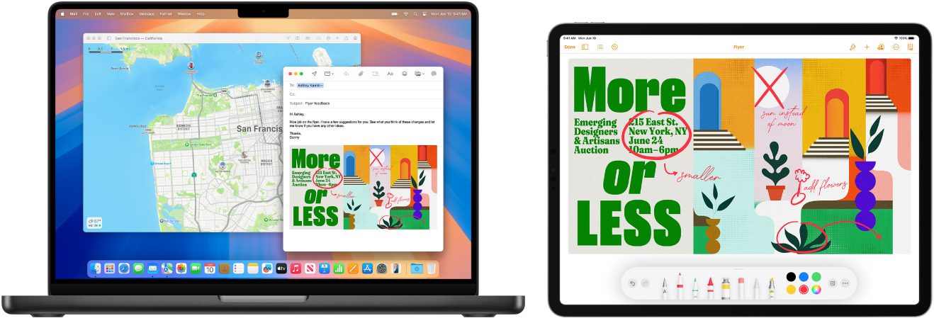 Um MacBook Pro e um iPad lado a lado. A tela do iPad mostra um panfleto com anotações. A tela do MacBook Pro tem uma mensagem do Mail com o panfleto anotado no iPad como anexo.