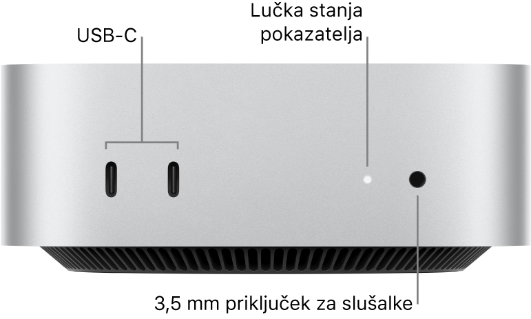 Sprednja stran računalnika Mac mini, na kateri sta vidna dva vhoda USB-C, indikatorska lučka stanja in 3,5-milimetrski priključek za slušalke.