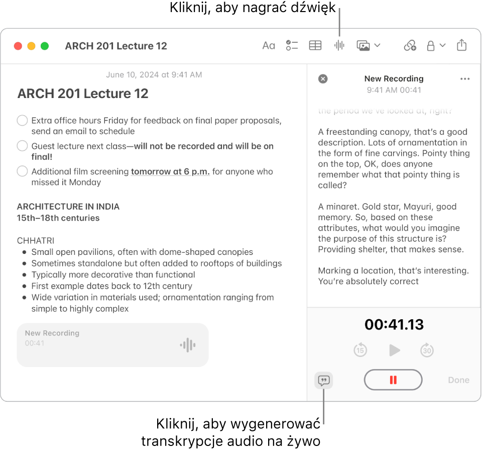 Okno aplikacji Notatki zawierające notatkę z listą kontrolną, listą punktorowaną i nagraniem audio. Otwarty zostanie ekran ze szczegółami audio, na którym wyświetlana będzie transkrypcja nagrania audio.
