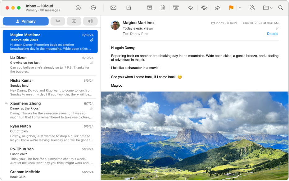 Okno aplikace Mail se zobrazenou zprávou ze seznamu Primární
