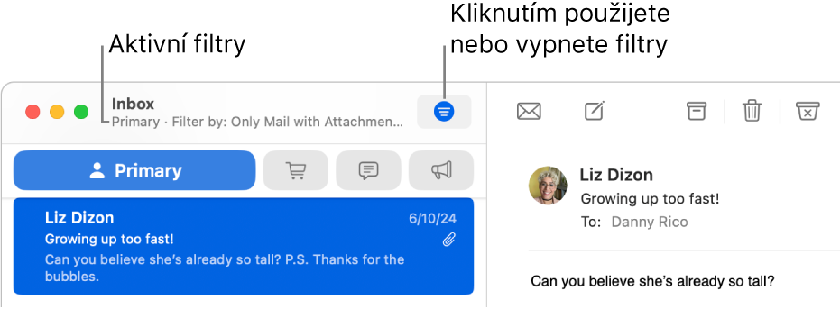 Okno aplikace Mail s panelem nástrojů nad seznamem zpráv, kde se zobrazují použité filtry, například „Jen pošta s přílohami“.