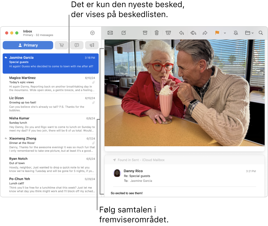 Det er kun den nyeste besked i en samtale, der vises på beskedlisten. Et tal i den øverste besked viser, hvor mange af samtalens beskeder der er i den aktuelle postkasse. Følg samtalen i eksempelområdet.