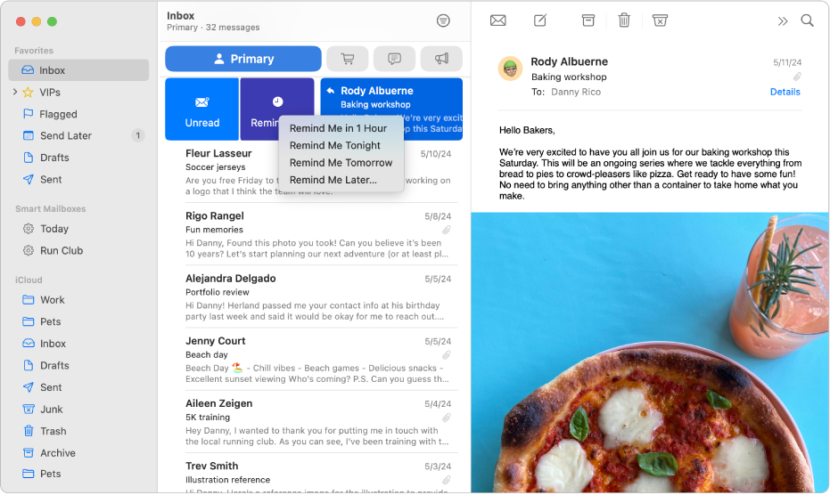 Ein Fenster der App „Mail“, das verschiedene Optionen für „Erinnerung“ anzeigt.