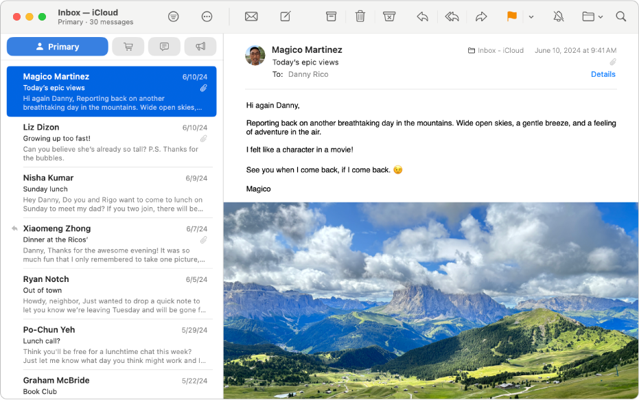 La ventana de Mail muestra un mensaje de la lista de mensajes Principal.