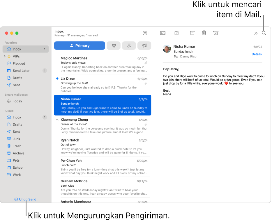 Jendela Mail menampilkan bar samping di sebelah kiri. Tombol Urung Kirim ada di bagian bawah bar samping.