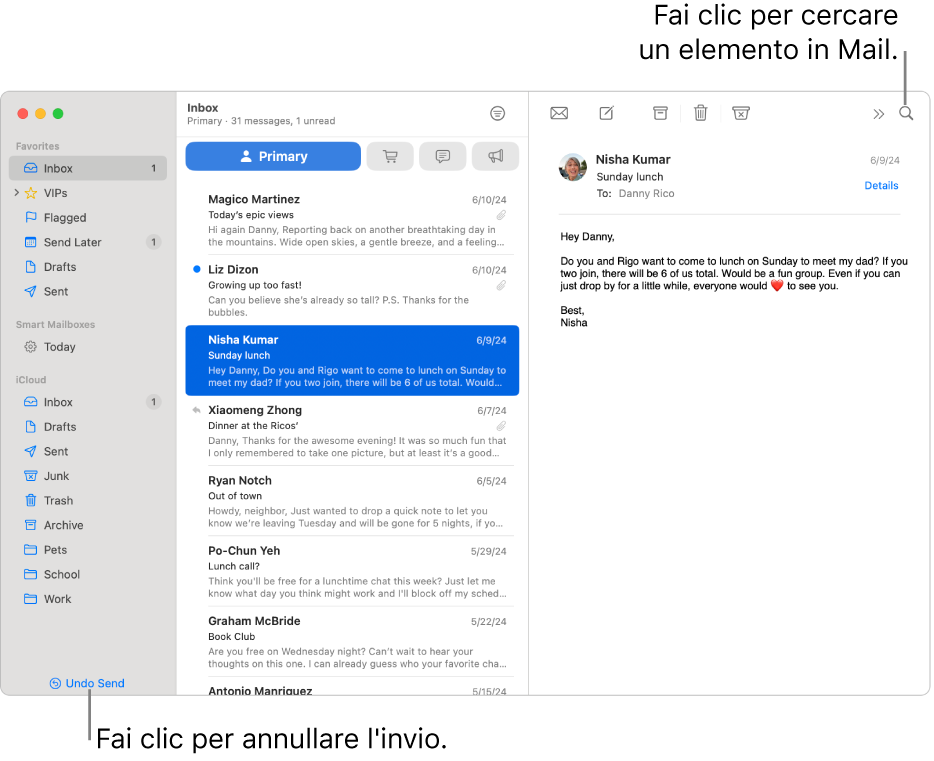 Finestra di Mail con la barra laterale sulla sinistra. Il pulsante “Annulla invio” è alla fine della barra laterale.