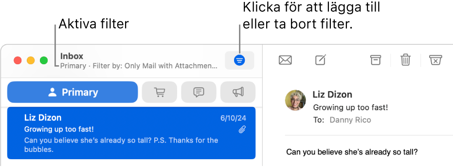 Mail-fönstret med verktygsfältet ovanför mejllistan där Mail visar vilka filter, t.ex. Endast mejl med bilagor, som används.