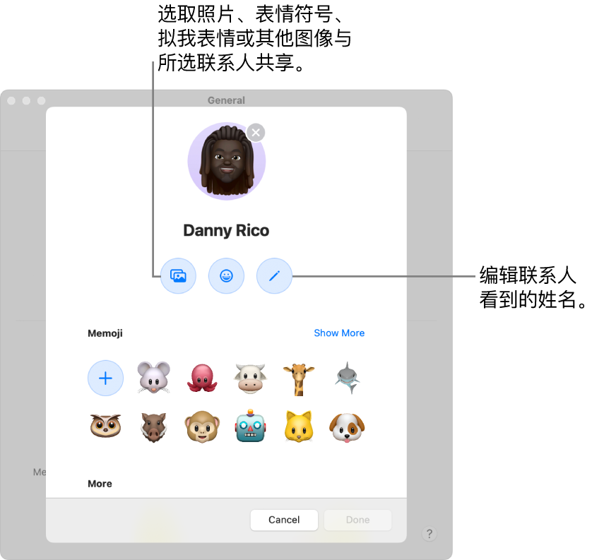 “姓名和照片共享”对话框,显示编辑联系人可看到的姓名和选取照片、表情符号、拟我表情或其他图像的选项。