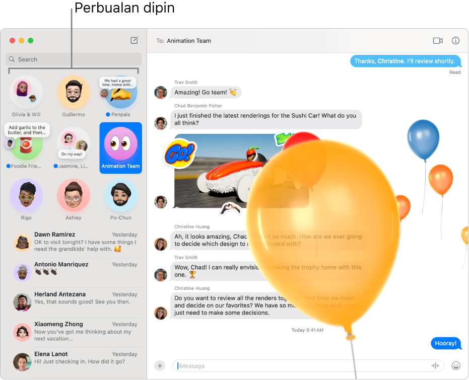 Mesej dengan beberapa perbualan dipinkan di sebelah kiri tetingkap.