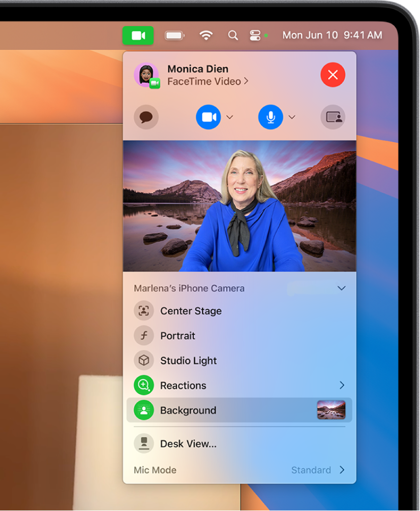 Участник вызова в FaceTime использует фоновое изображение.